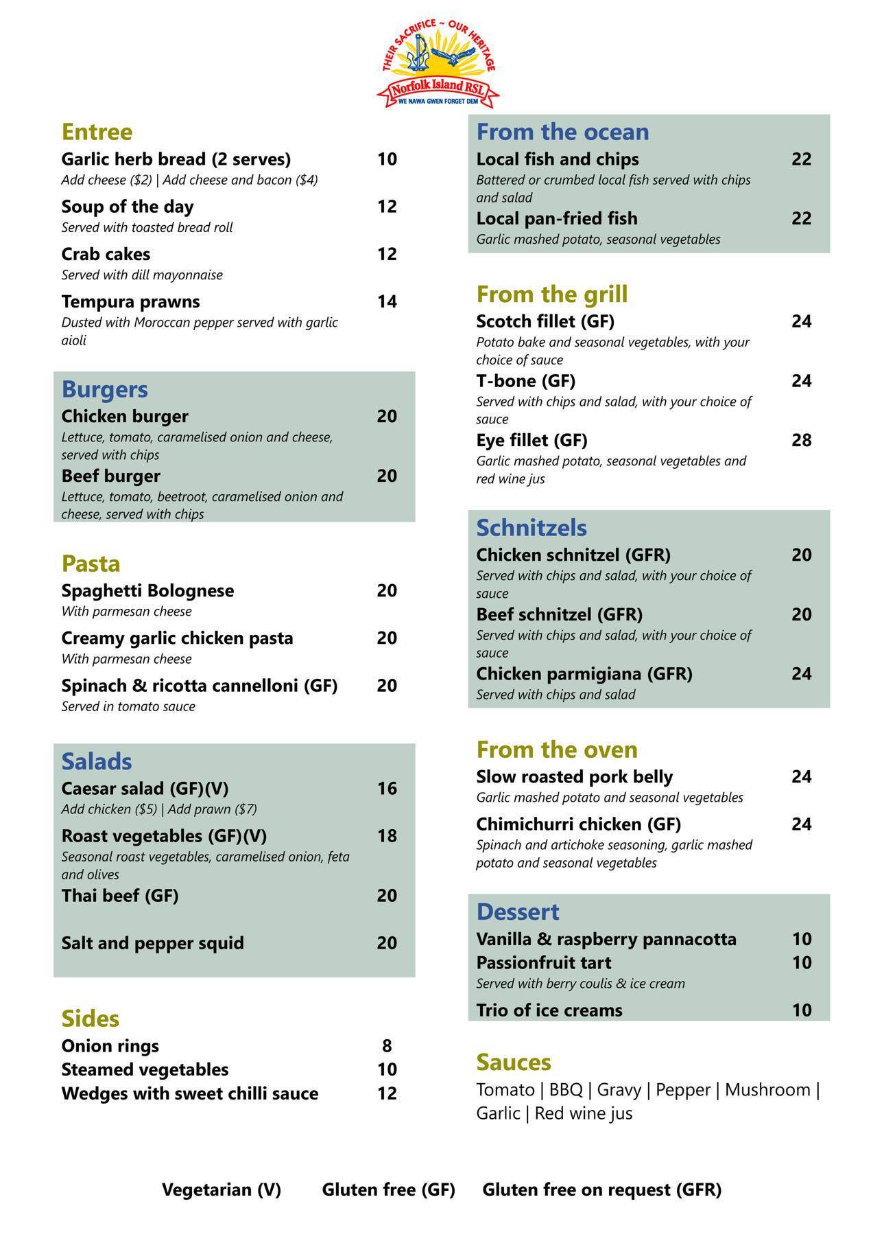 Menu | Norfolk Island RSL Club